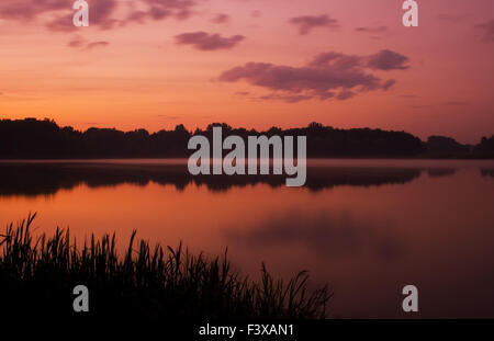 Romantic sunset on the lake with fog Stock Photo - Alamy