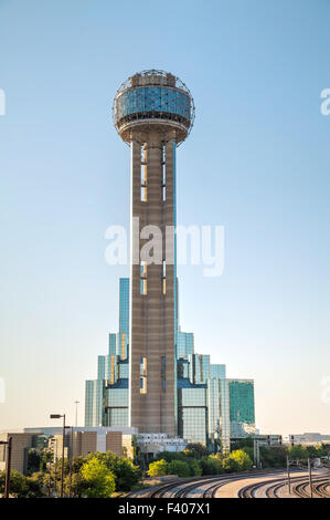 Skyline of Dallas TX with Reunion Tower Hyatt Hotel and statue of ...
