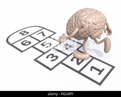human brain with arms, legs and chalk on hand in front of blackboard ...
