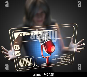 woman and hologram with microphone Stock Photo - Alamy