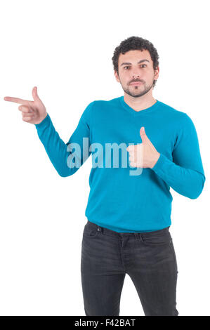 Male in blue pointing to somewhere, isolated on white Stock Photo - Alamy