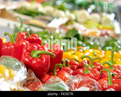 A selection of Peppers. On display at a grocery store a colourful Stock ...
