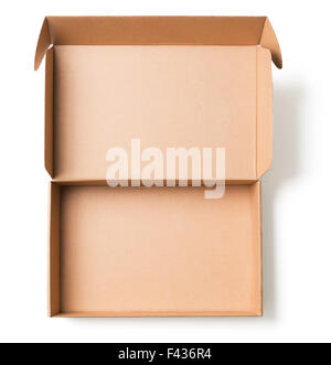 Open cardboard box top view on white wood floor Stock Photo - Alamy