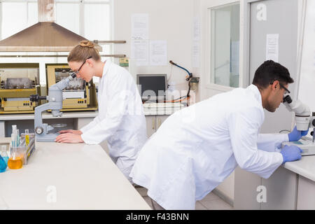Man and woman scientists partners using touchpad at laboratory Stock Photo - Alamy