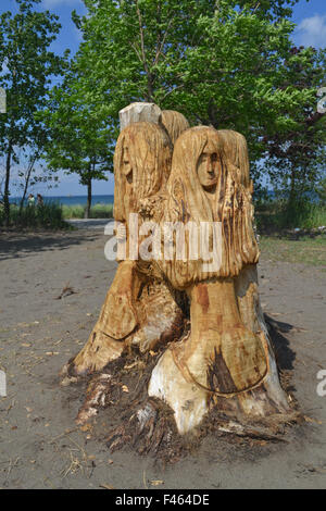 Detail of a carved decoration, part of a wooden Maori waka (canoe) in ...