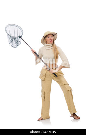 Woman with catching net isolated on white Stock Photo - Alamy