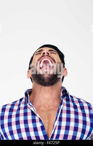 man with shouting face isolated on studio background, copy sace banner ...