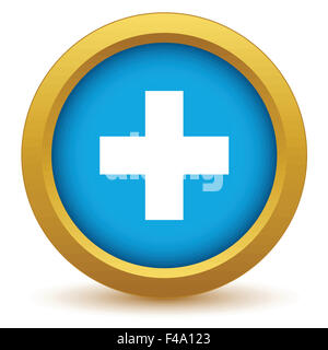 Plus icon. Gold glossy Plus symbol isolated on white concrete ...