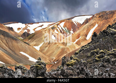 The orange and beige rhyolite mountains with snow in the hollows ...