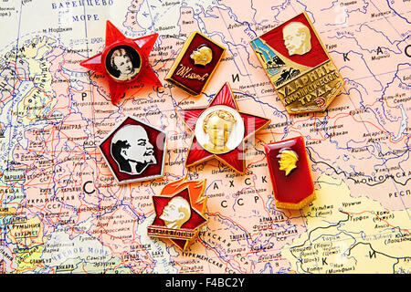 Collection of red badges with portrait of Lenin V.I. on the political ...