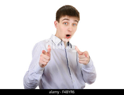 Surprised man stare happy and pointing at camera, recognize someone ...