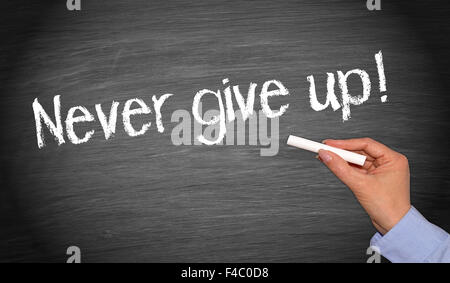 Hand and text "NEVER GIVE UP" with vintage background. Technology ...