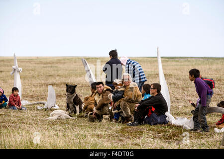 Russia, Chukotka, Yanrakynnot, Chukchi men demonstrating traditional ...