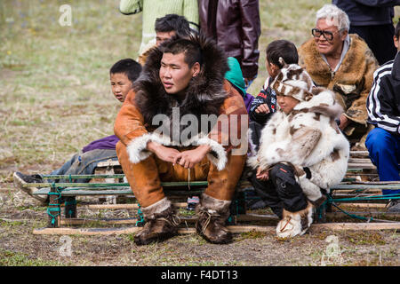 Russia, Chukotka, Yanrakynnot, Chukchi men demonstrating traditional ...