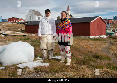 Greenland, Disko Bay, Saqqaq. Couple, in traditional Greenlandic attire ...