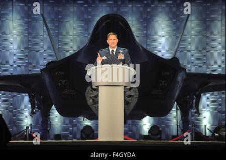 Col. David Lyons, 388th Fighter Wing commander, speaks to dignitaries ...