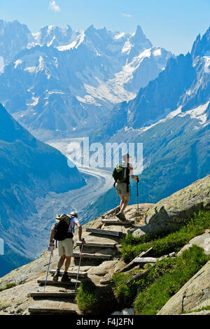 Hikers in the Aiguilles Rouges National Nature Reserve, view at the ...