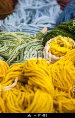Set of colorful wool yarn on beige background. Top view Stock Photo - Alamy