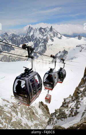 The Aiguille du Midi cable car over the town of Chamonix, Haute-Savoie ...
