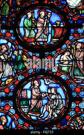 Stained glass windows from the 13th century. Lyon Cathedral. France ...