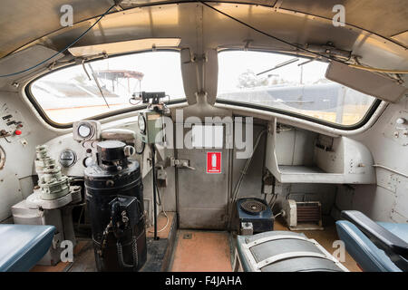 Empty train cabin of driver. Interior of control place of train ...