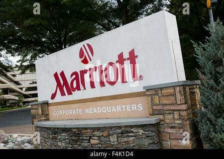 A logo sign outside of the headquarters of Marriott International, Inc ...