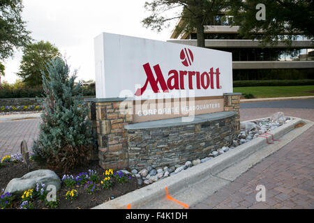 A logo sign outside of the headquarters of Marriott International, Inc ...