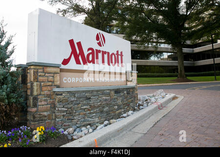 A logo sign outside of the headquarters of Marriott International, Inc ...