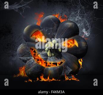 Scary smiling halloween pumpkin with nasty face on a stone. Big scary ...