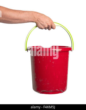 Human hand holding empty plastic pail, isolated on white Stock Photo ...
