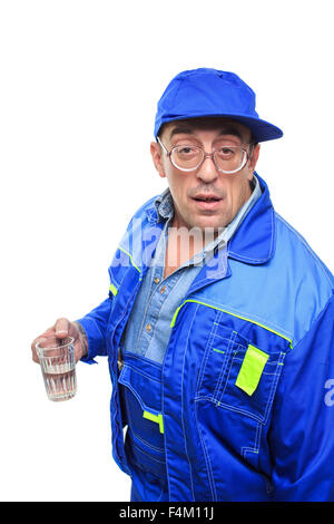 adult drunk mechanic working with glass of alcohol Stock Photo - Alamy