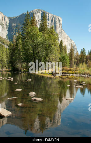 Merced River, with the reflections of the El Capitan and fog, Yosemite ...