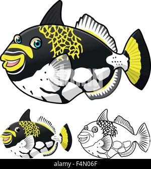 Triggerfish fish clown, flat cartoon realistic drawing, hand drawn sea ...