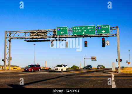 Overhead Traffic route signs on the expressway heading towards downtown ...
