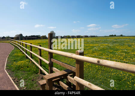 A wooden stile in a farm fence seen against a clear blue sky Stock ...