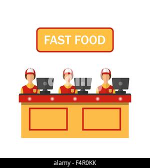 Fast food cash register worker. Cashier in uniform holds paper bag with ...