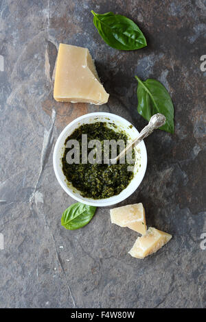 Fresh made Pesto sauce. Green basil pesto. Ingredient for pesto sauce ...