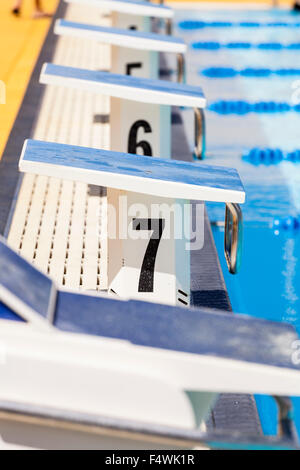 A blue swimming pool with starting platforms, swimming lanes markings ...