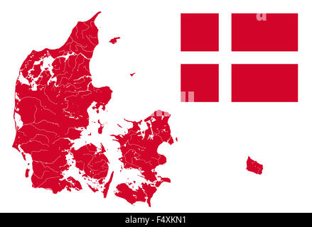Very detailed outline map of Denmark in colors of the Danish flag. Colors of flag are proper ...