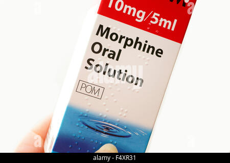 A bottle of Morphine oral solution (morphine is an alkaloid with pain ...