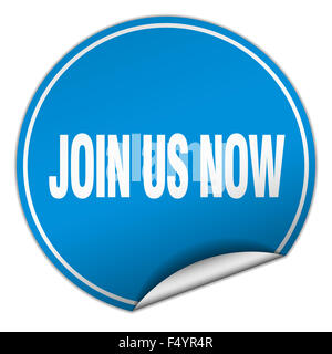 join us round blue sticker isolated on white Stock Photo - Alamy
