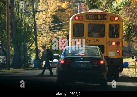 A school bus stopped with flashing red lights and stop sign allowing a ...