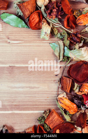 Overhead of autumn leaves on desk Stock Photo - Alamy