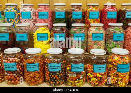 Jars of colorful candy sweets, Chutters candy store, Littleton, New ...