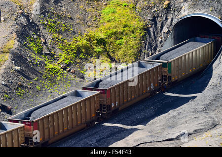 A horizontal image of rail cars loaded with coal being pulled through ...