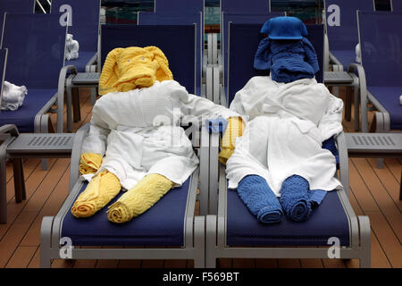 Towels folded into the shape of animals on a cruise ship deck, Carnival ...
