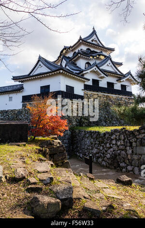 Japan, Hikone Castle. Main keep, borogata style three stories tenshu ...