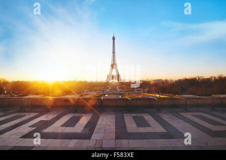 Beautiful panoramic view of Paris with Eiffel Tower. Vintage toned ...