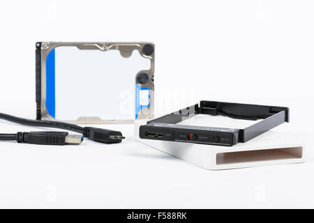 components of External Enclosure case and USB Cable, isolated on white ...