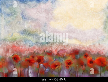 Watercolor Poppy flowers. Summer field flowers with green leaves ...